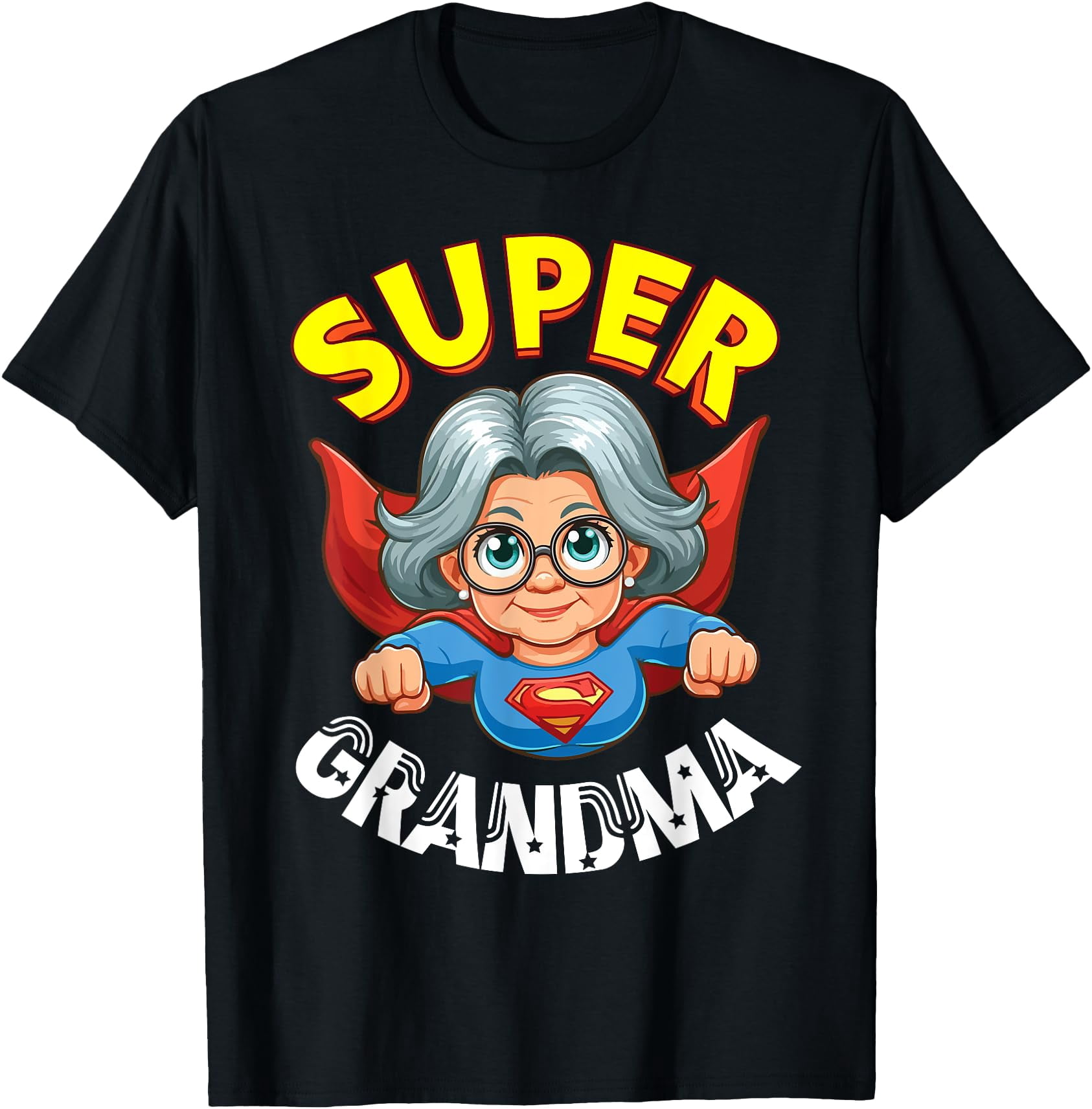 Funny Cartoon Super Grandma Flying Hero T-Shirt for Grandmothers ...