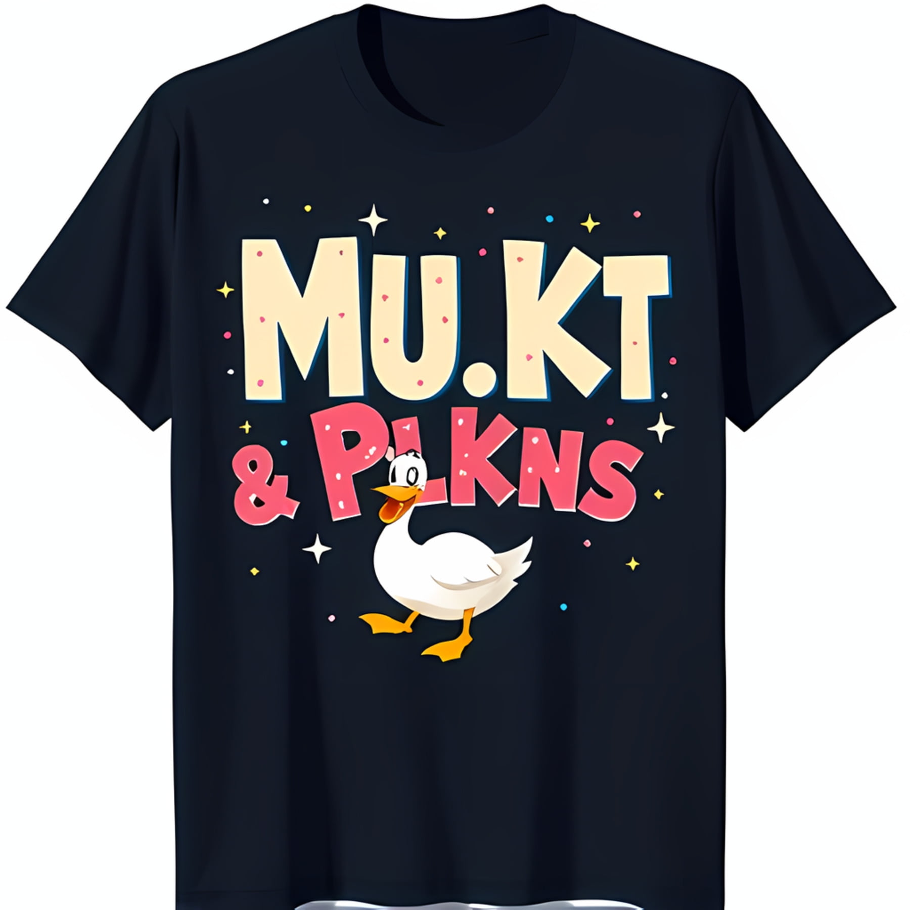 Funny Cartoon T-Shirt with 'MU KT & PLKNS' Text Black Tee with Colorful ...