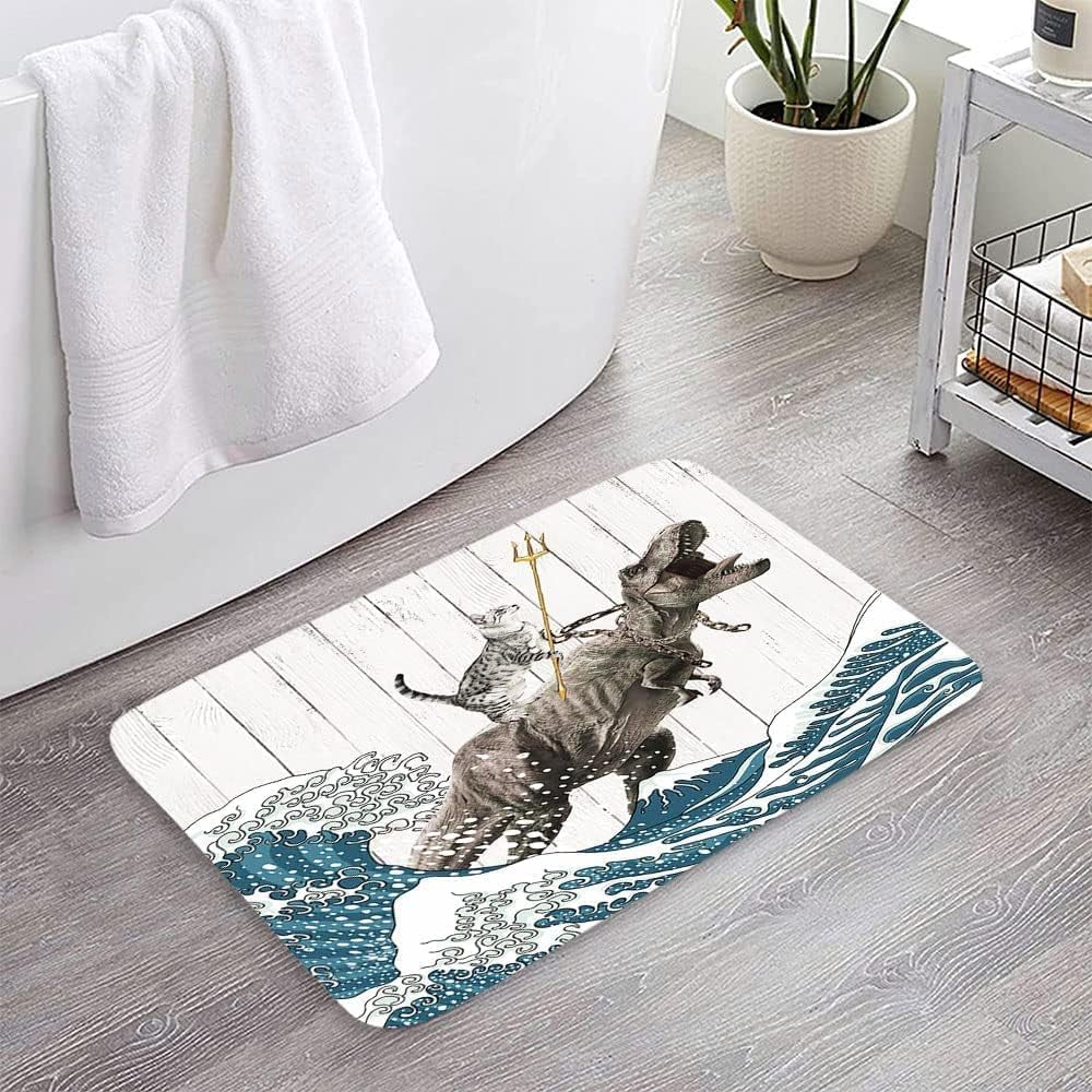 Funny Cat Bath Mat, Cool Cat Dinosaur Japanese Ocean Wave Decor Soft ...