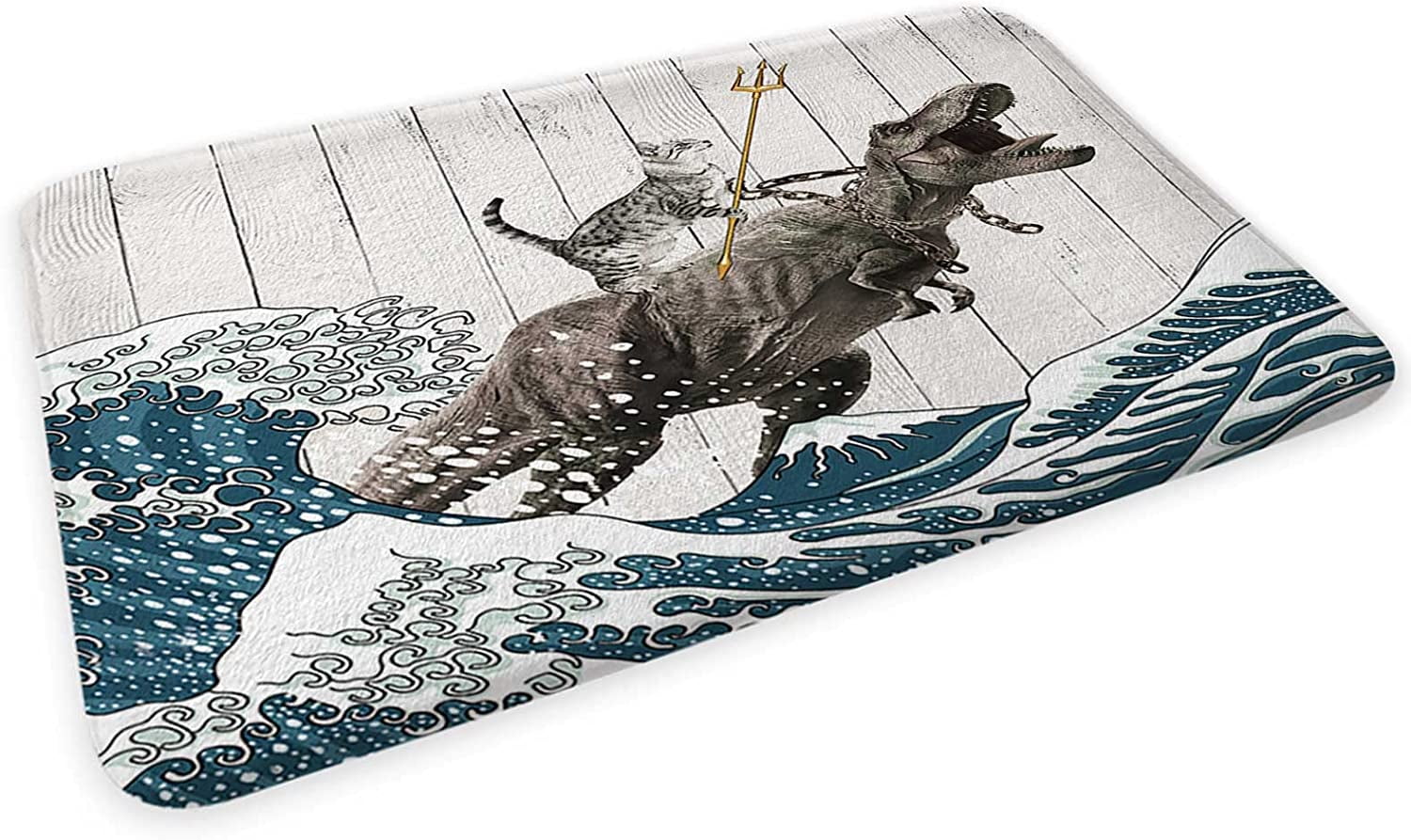 Funny Cat Bath Mat, Cool Cat Dinosaur Japanese Ocean Wave Decor Soft ...