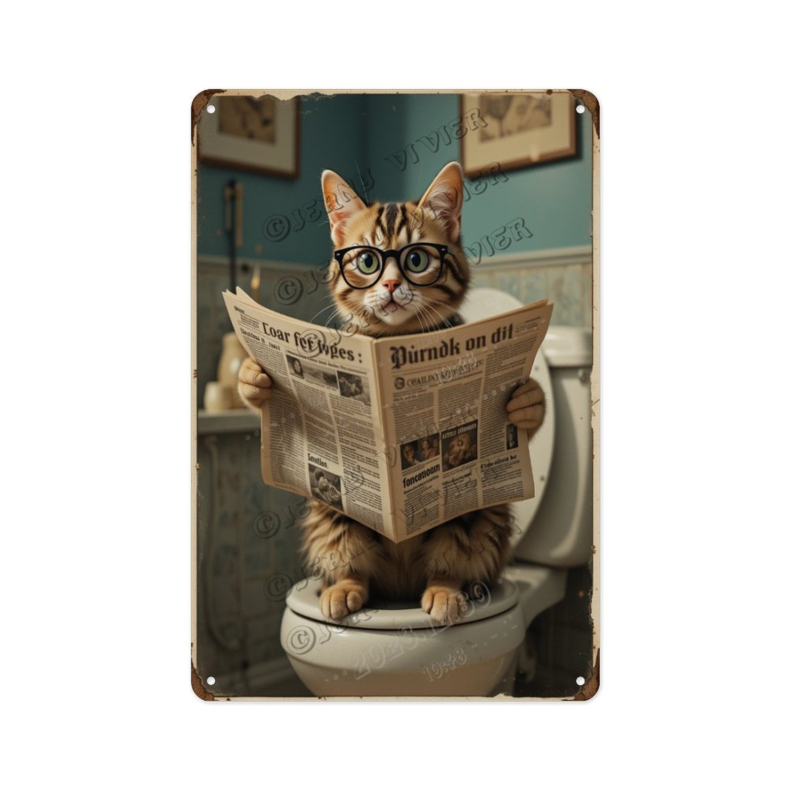Funny Cat Bathroom Metal Sign – Reading Newspaper On Toilet Wall Art ...