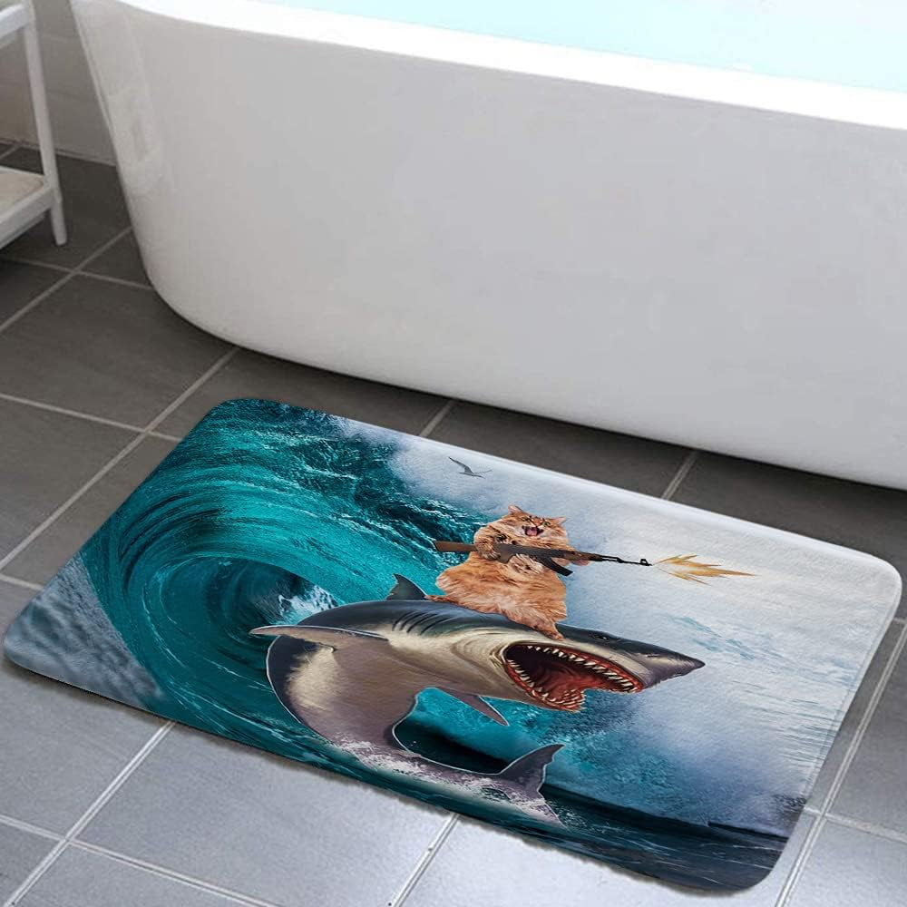 Funny Cat Bathroom Rug Bath Mat, Cool Cat Riding Whale Shark on Ocean ...