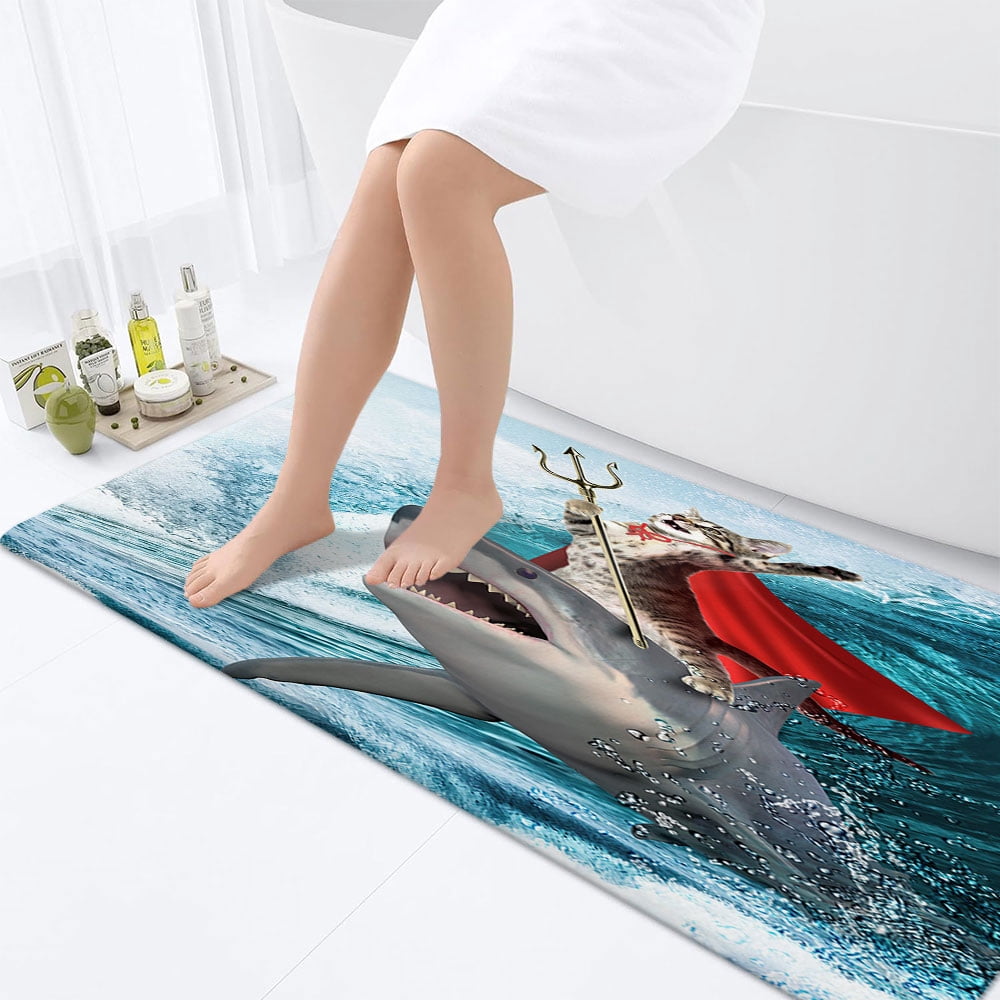 Funny Cat Bathroom Rugs, Cat Riding Shark Whale Cute Bathroom Rugs Set ...