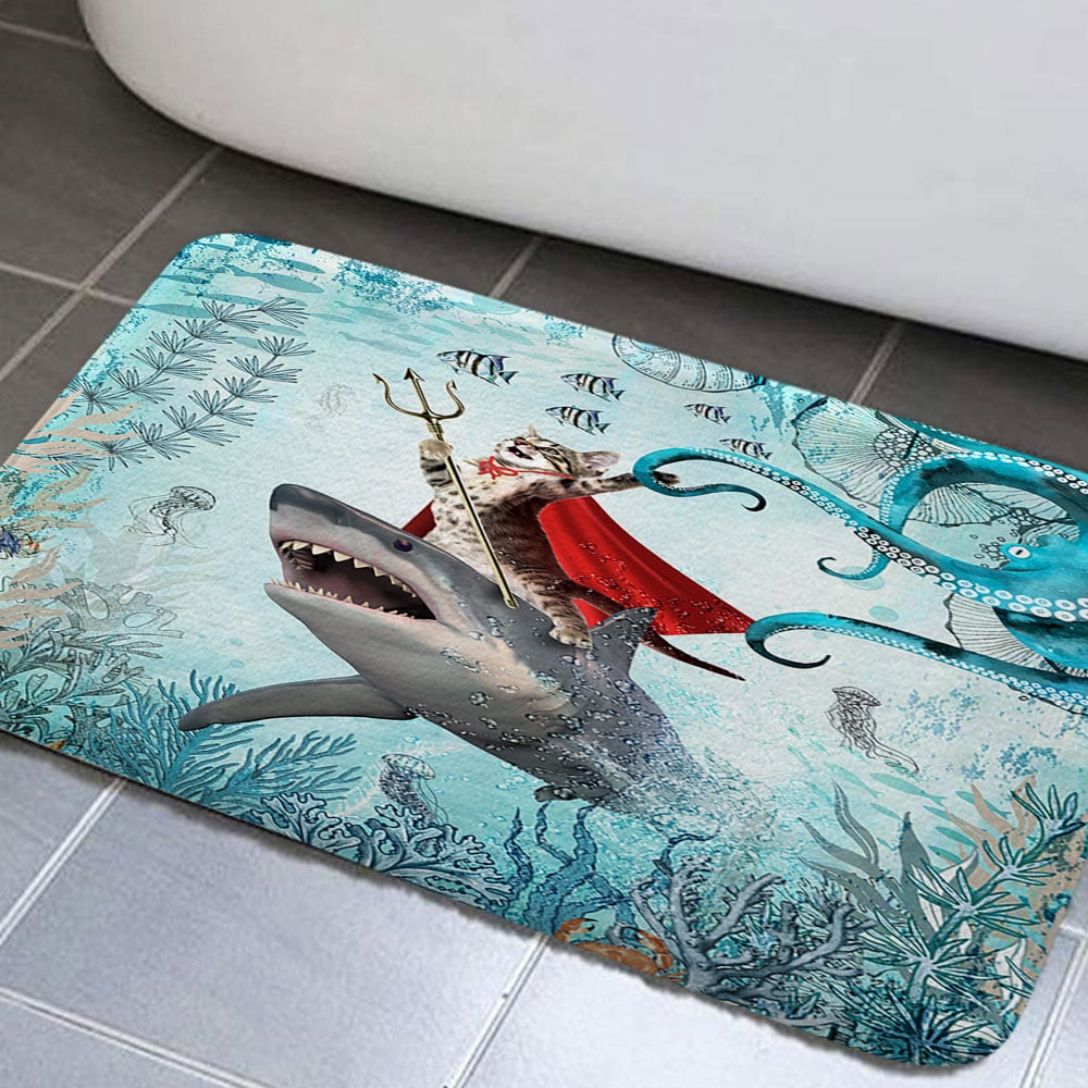 Funny Cat Bathroom Rugs, Cat Riding Shark Whale Cute Bathroom Rugs for ...