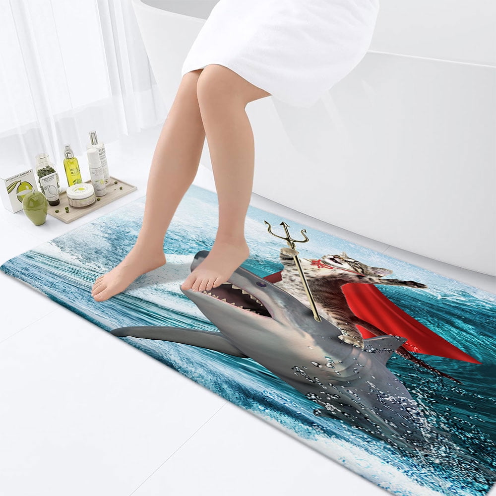 Funny Cat Bathroom Rugs, Cat Riding Shark Whale Cute Bathroom Rugs Set ...