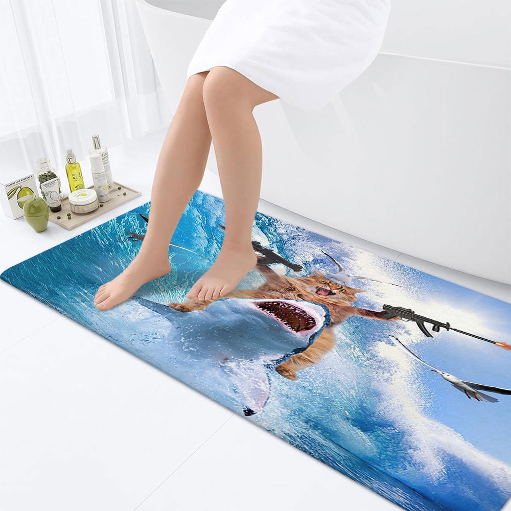 Funny Cat Bathroom Rugs Set, Cat Riding Shark Theme Ocean Bathroom Rugs ...
