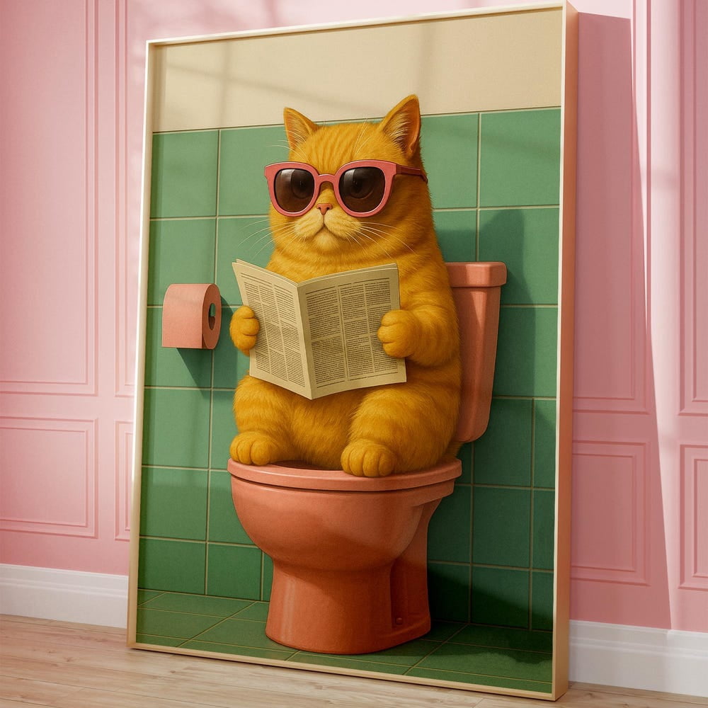 Funny Cat Bathroom Wall Art Print, Cat Lovers, Orange Cat Poster ...