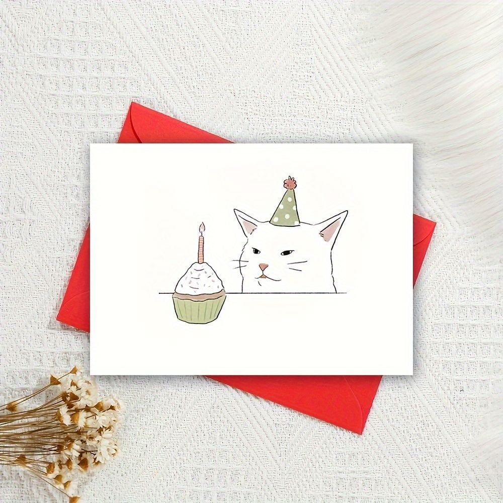 Funny Cat Birthday Card – Cute White Cat in Party Hat with Cupcake ...