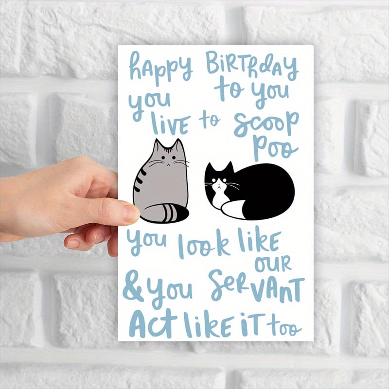 Funny Cat Birthday Card – "You Live to Scoop Poop" Message – Cute Cat Illustrations – Blank ...