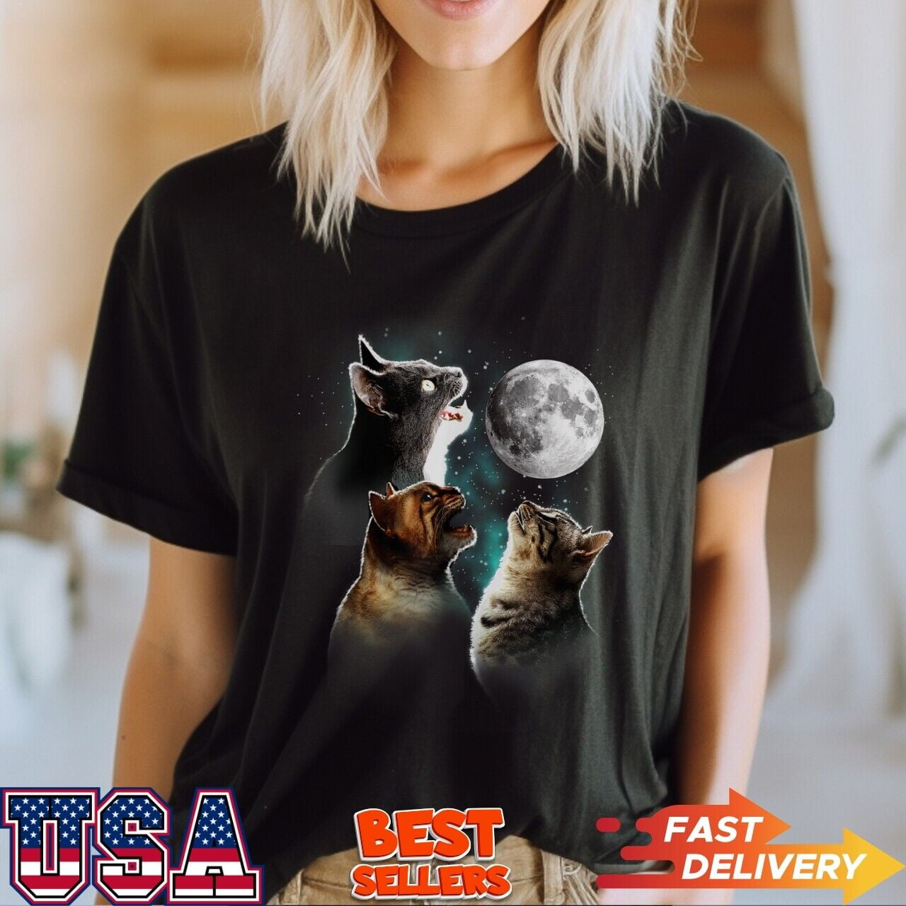 Funny Cat, Cats Meowling At Moon, Cat Owner, Cat Lover, Cat T-Shirt ...