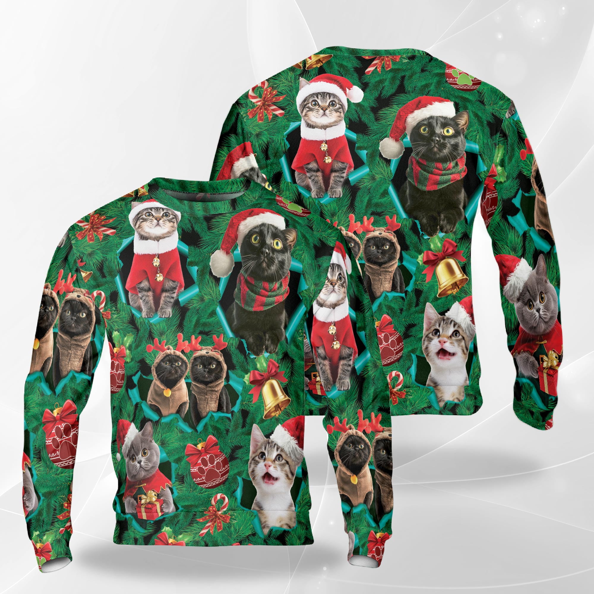 Funny Cat Christmas Sweatshirt, Cute Kitty Santa Holiday Crewneck ...