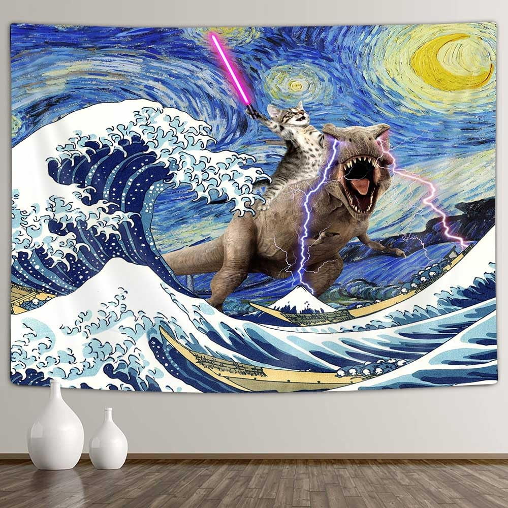 Funny Cat Dinosaur Tapestry, Cool Cats Ride Dinosaurs on Blue Teal ...