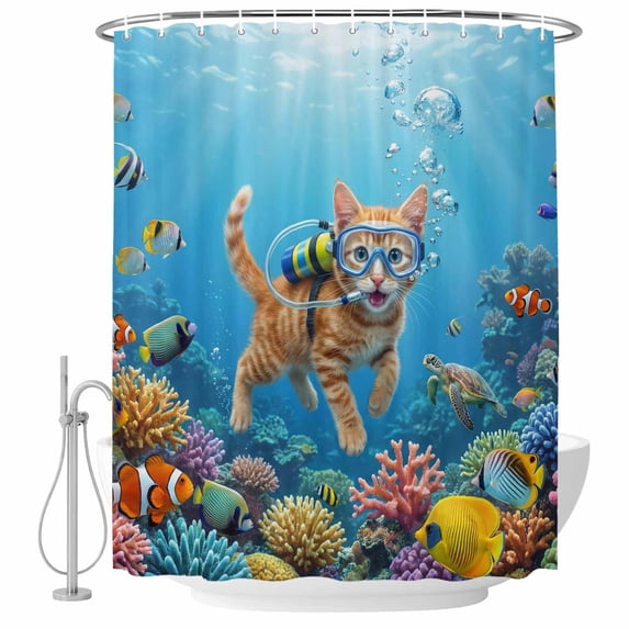 Funny Cat Diving Bathroom Shower Curtains with Hooks, Seafloor Corals ...
