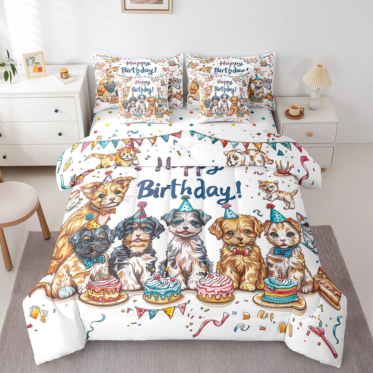 Funny Cat and Dog Bedding Set Queen Size,Cute Animal Print Comforter ...