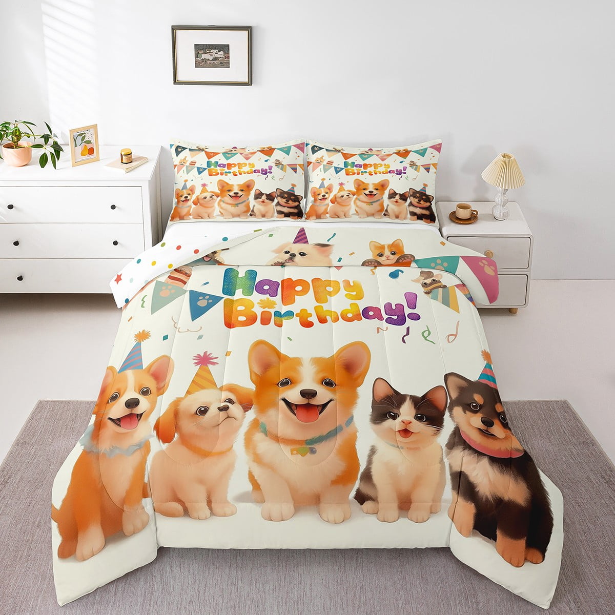 Funny Cat and Dog Toddler Bedding Set,Cute Rainbow Birthday Theme ...