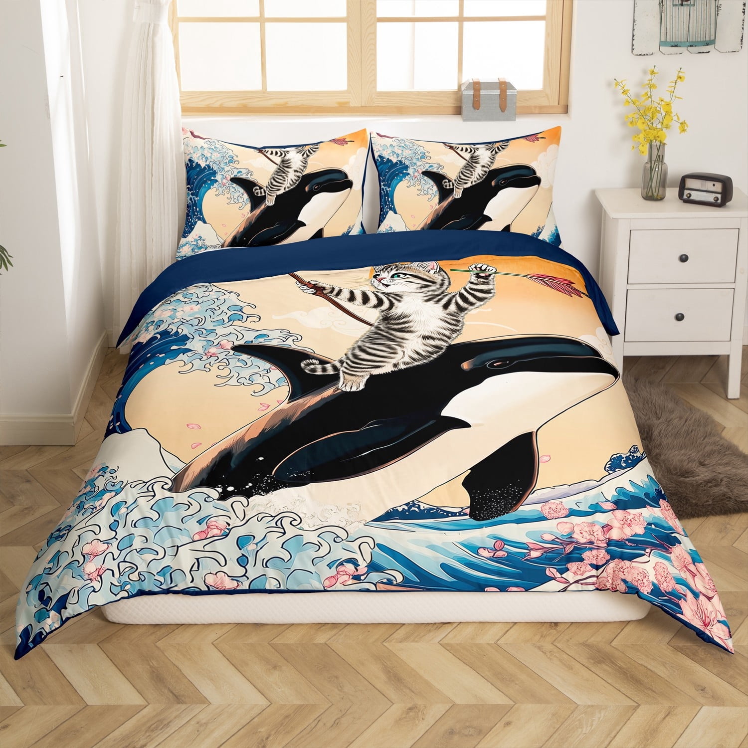 Funny Cat Duvet Cover Twin Size Japanese Ocean Wave Bedding Set for ...