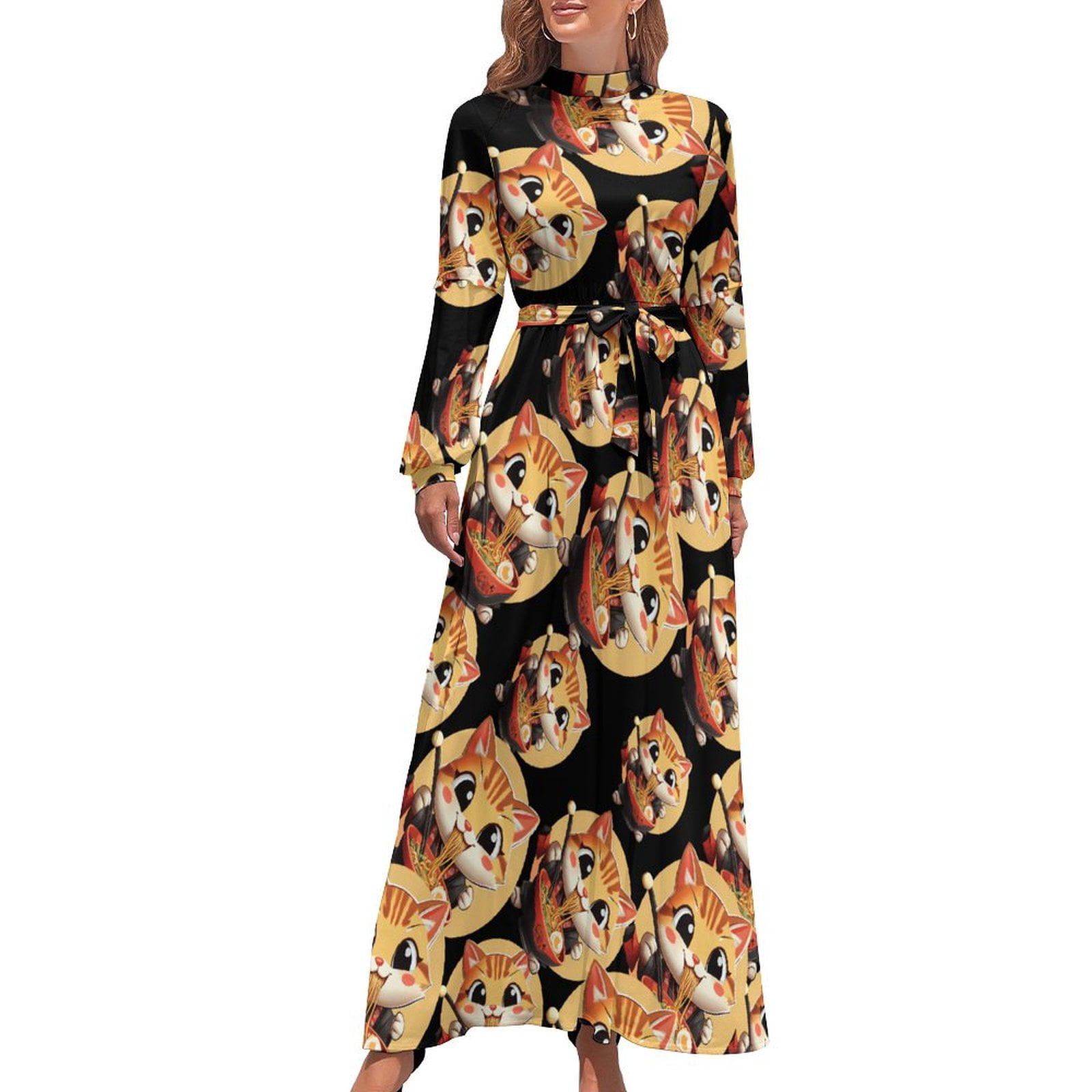 Funny Cat Eating Ramen Vintage Japanese Noodles Women's Fall Maxi Dress ...