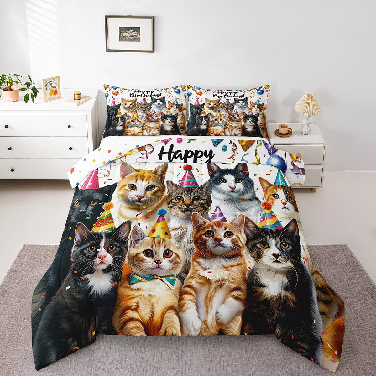 Funny Cat Full Bedding Set,Cute Rainbow Balloons Cat Comforter Set Pet ...