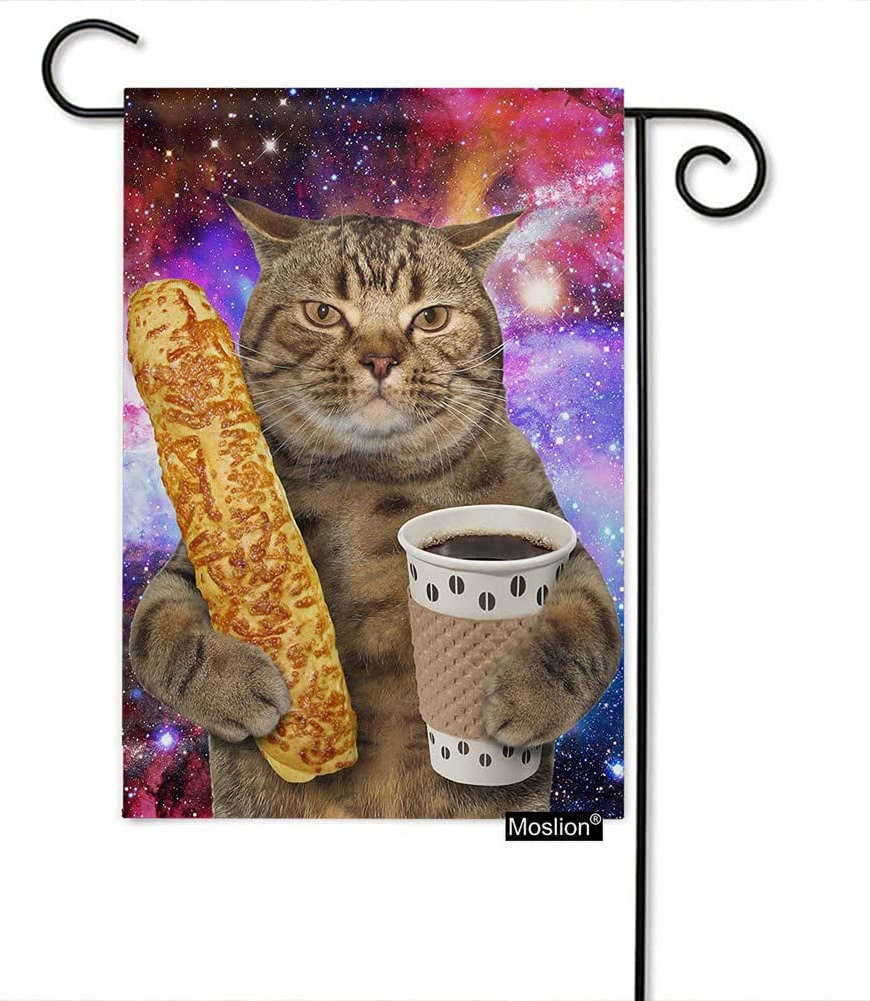 Funny Cat Garden Flag Vertical Double Sided Kitten with Bread Coffee on ...