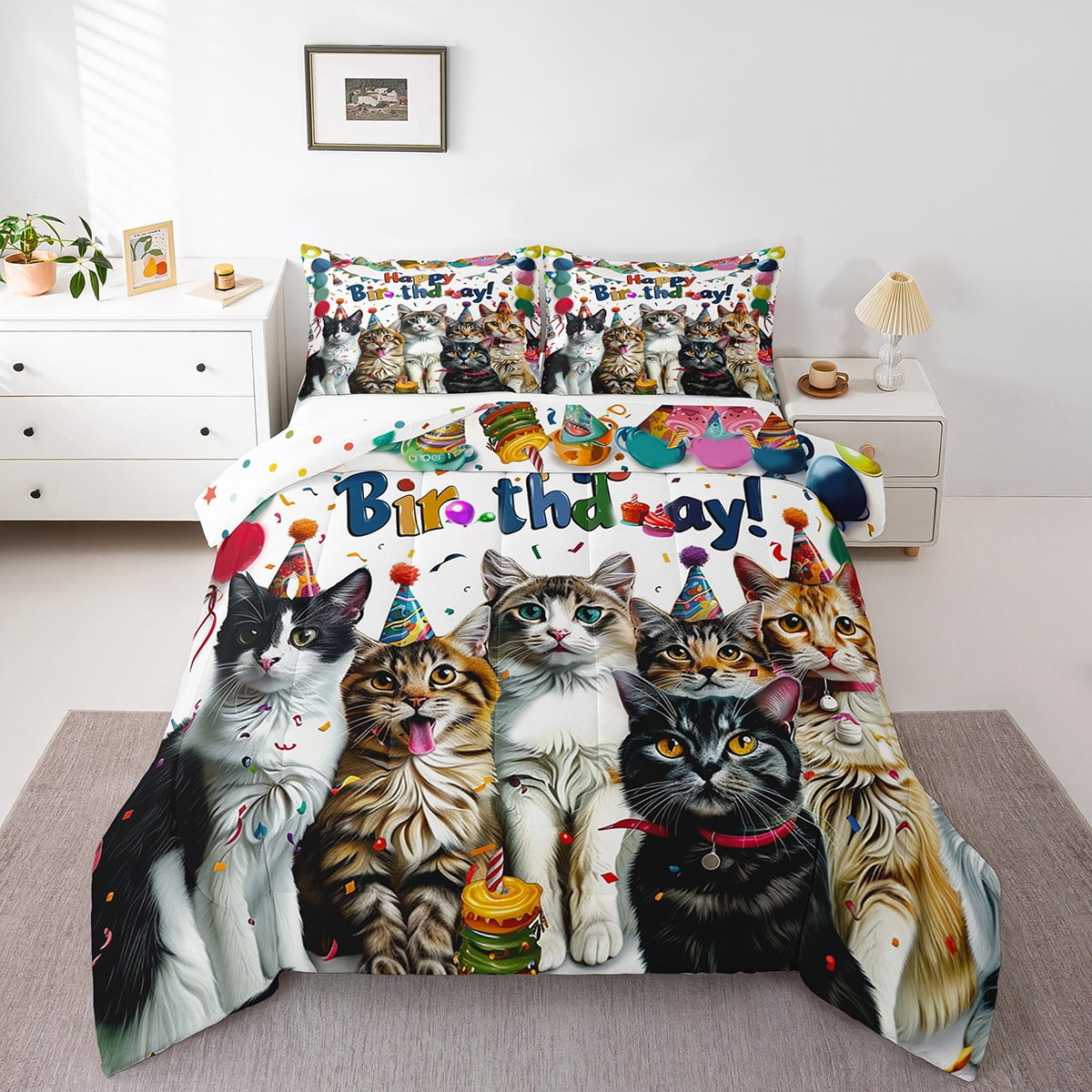 Funny Cat King Comforter Set for Kids Girls Boys,Birthday Themed kawaii ...