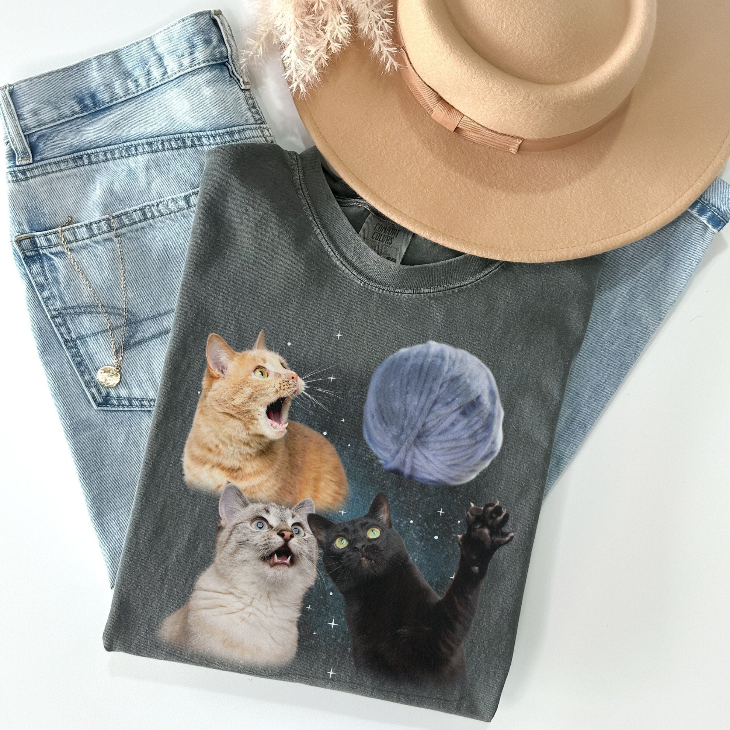 Funny Cat Meme Shirt, Three Cats Graphic T-shirts, Retro Cat Moon ...