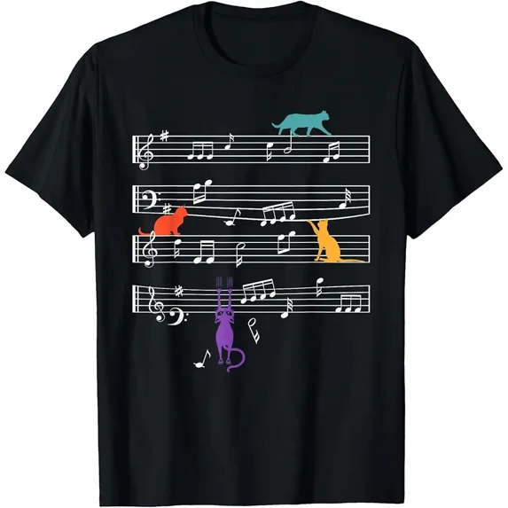 Funny Cat Musician Sheet Music Notes Unisex Cotton Graphic Tee ...