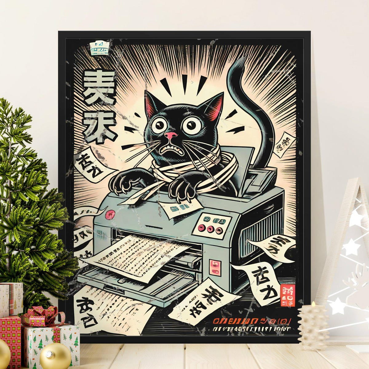 Funny Cat Poster, Retro Art Print, Printer Cat Illustration, Unique ...