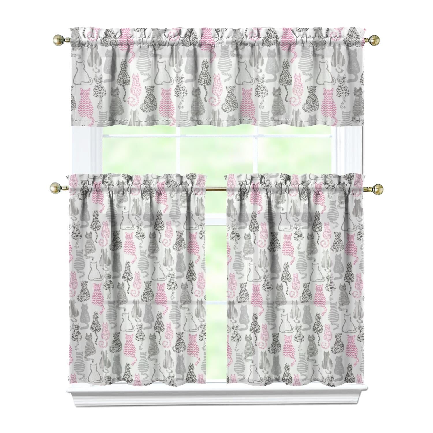 Funny Cat Print Kitchen Curtains Set of 3 - Hand-Drawn Cartoon Cat ...