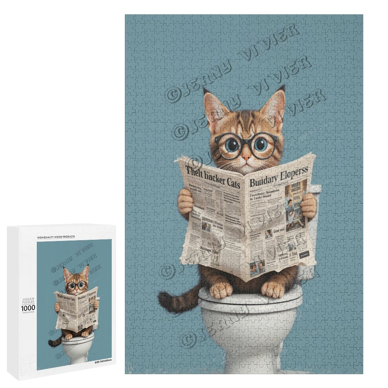 Funny Cat Puzzle – 1000 Piece Wooden Jigsaw – Cat Reading Newspaper on ...