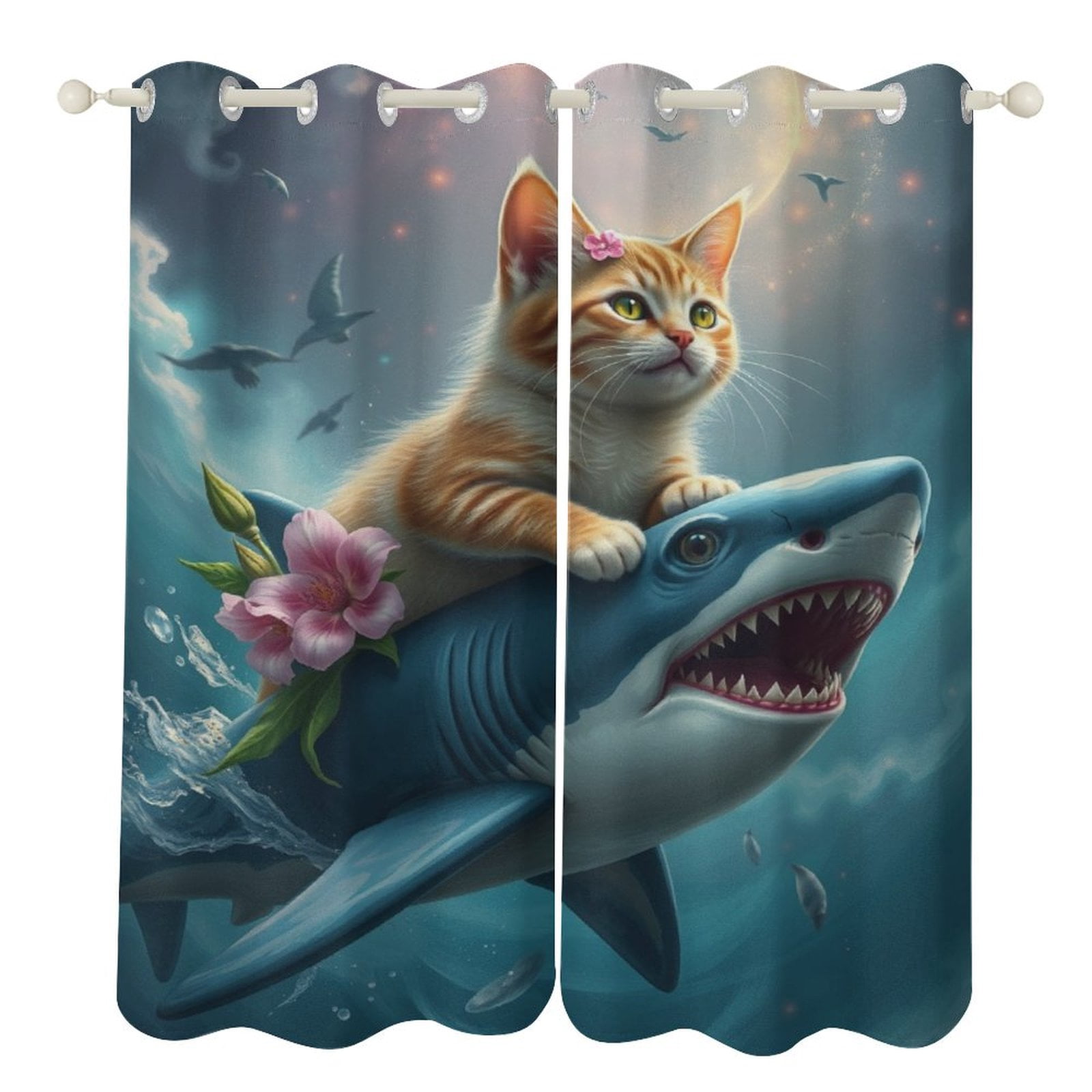 Funny Cat Riding Shark Cool 2 Pieces Window Drape Curtain for Living ...