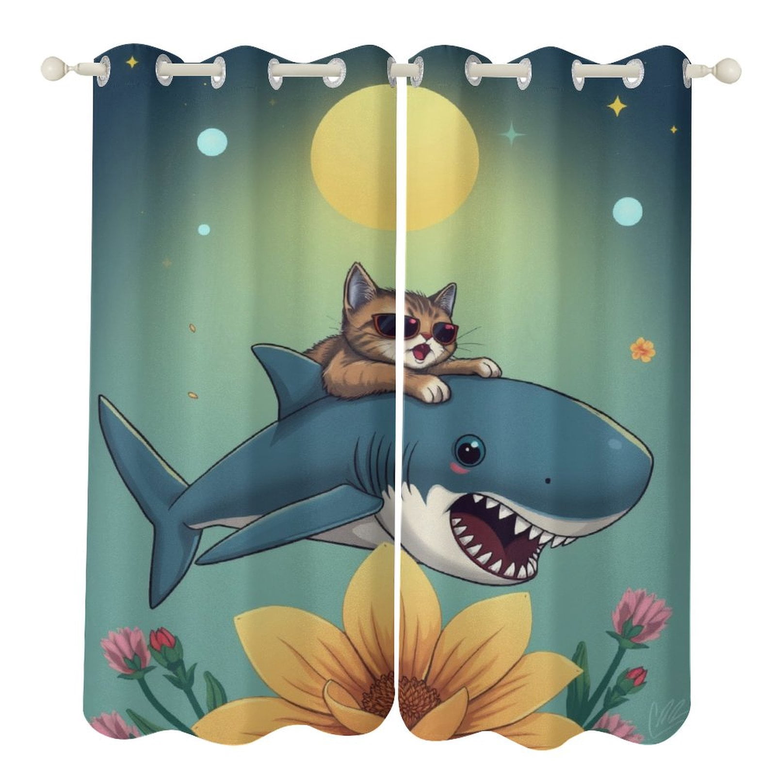 Funny Cat Riding Shark Cool 2 Pieces Window Drape Curtain for Living ...