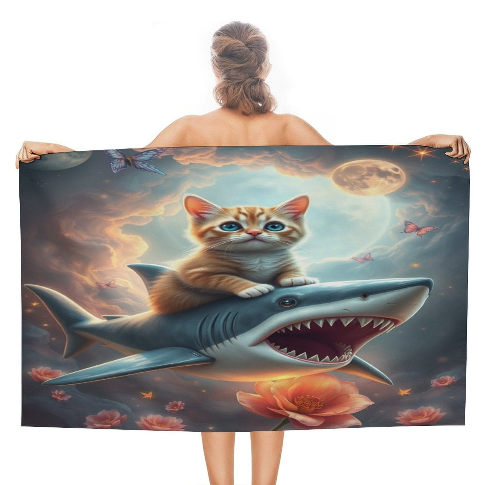 Funny Cat Riding Shark Cool Beach Blanket Soft Absorbent Lightweight ...