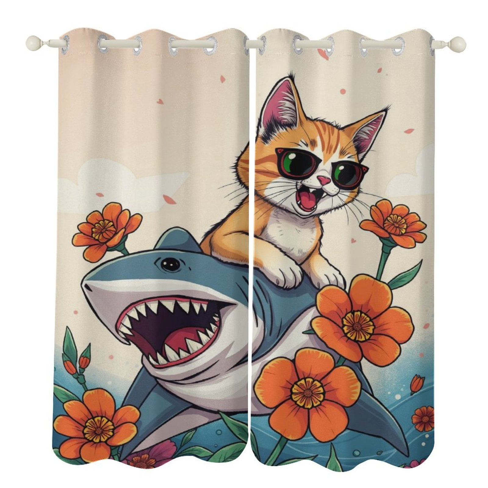 Funny Cat Riding Shark Cool Curtain for Living Room Bedroom Set Design ...
