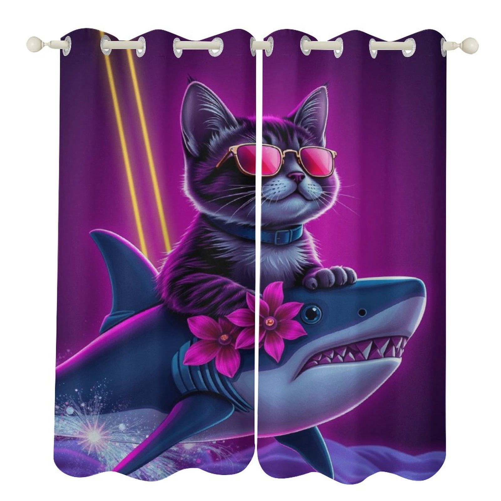 Funny Cat Riding Shark Cool Curtain for Living Room Bedroom Set Design ...