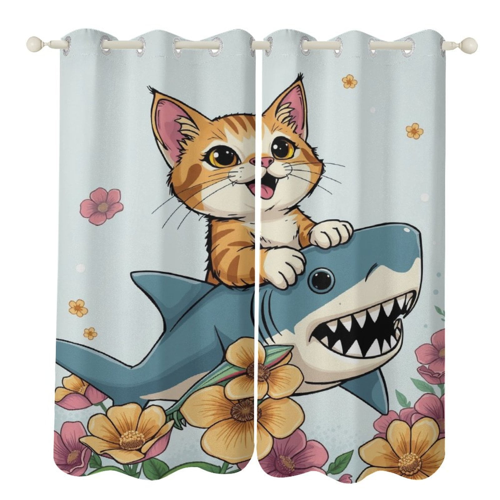 Funny Cat Riding Shark Cool Curtains for Bedroom Living Room Drapes ...