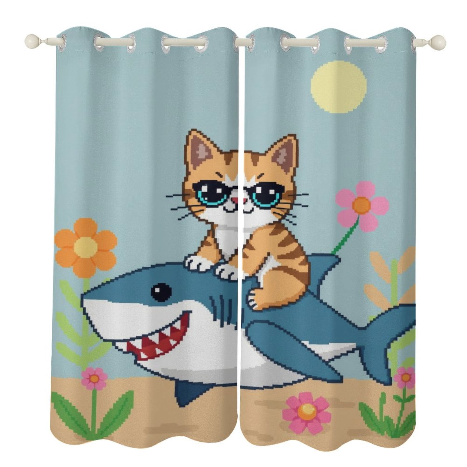Funny Cat Riding Shark Cool Curtains for Bedroom Living Room Drapes ...