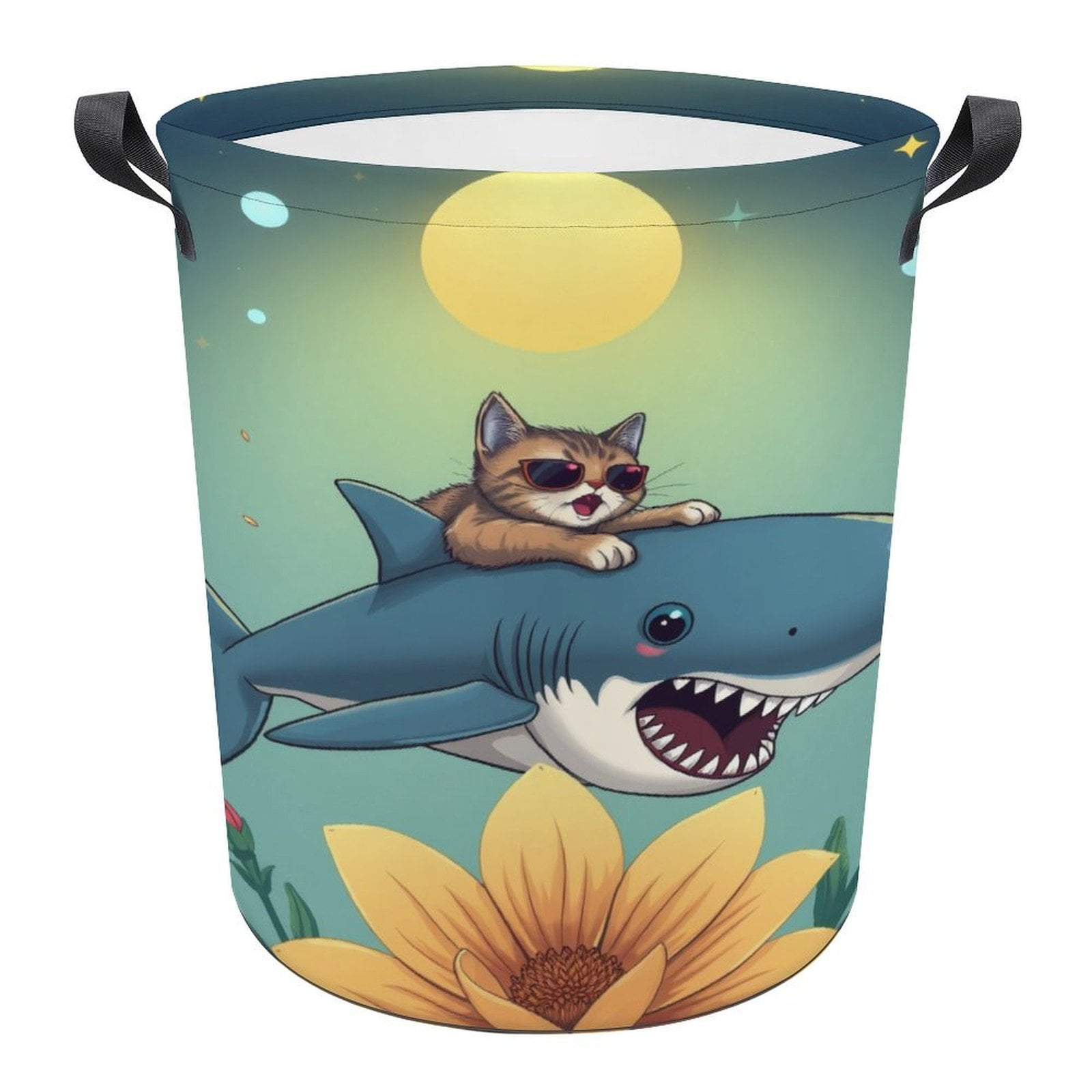 Funny Cat Riding Shark Cool Laundry Basket Foldable Physical Culture ...