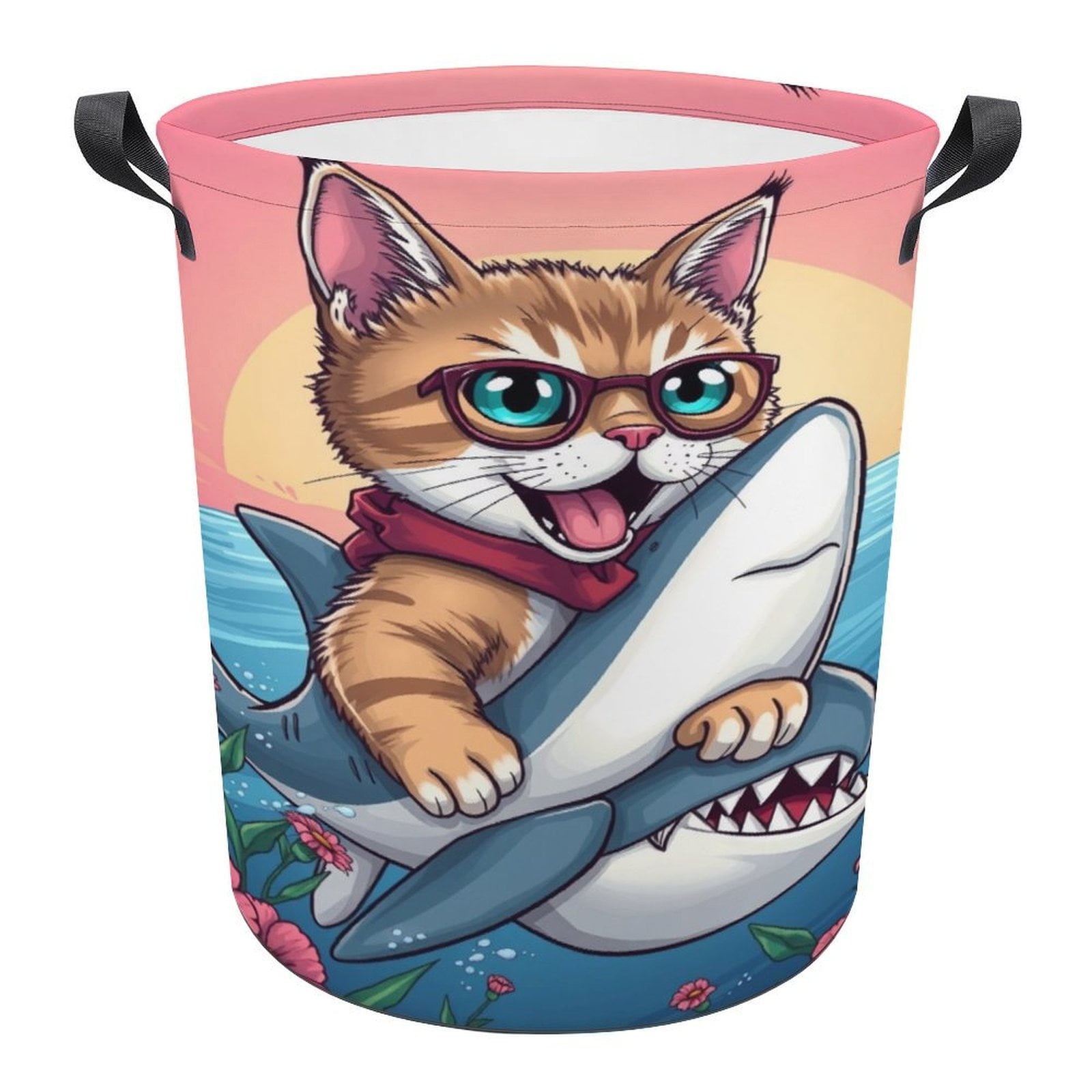 Funny Cat Riding Shark Cool Laundry Basket Foldable Physical Culture ...