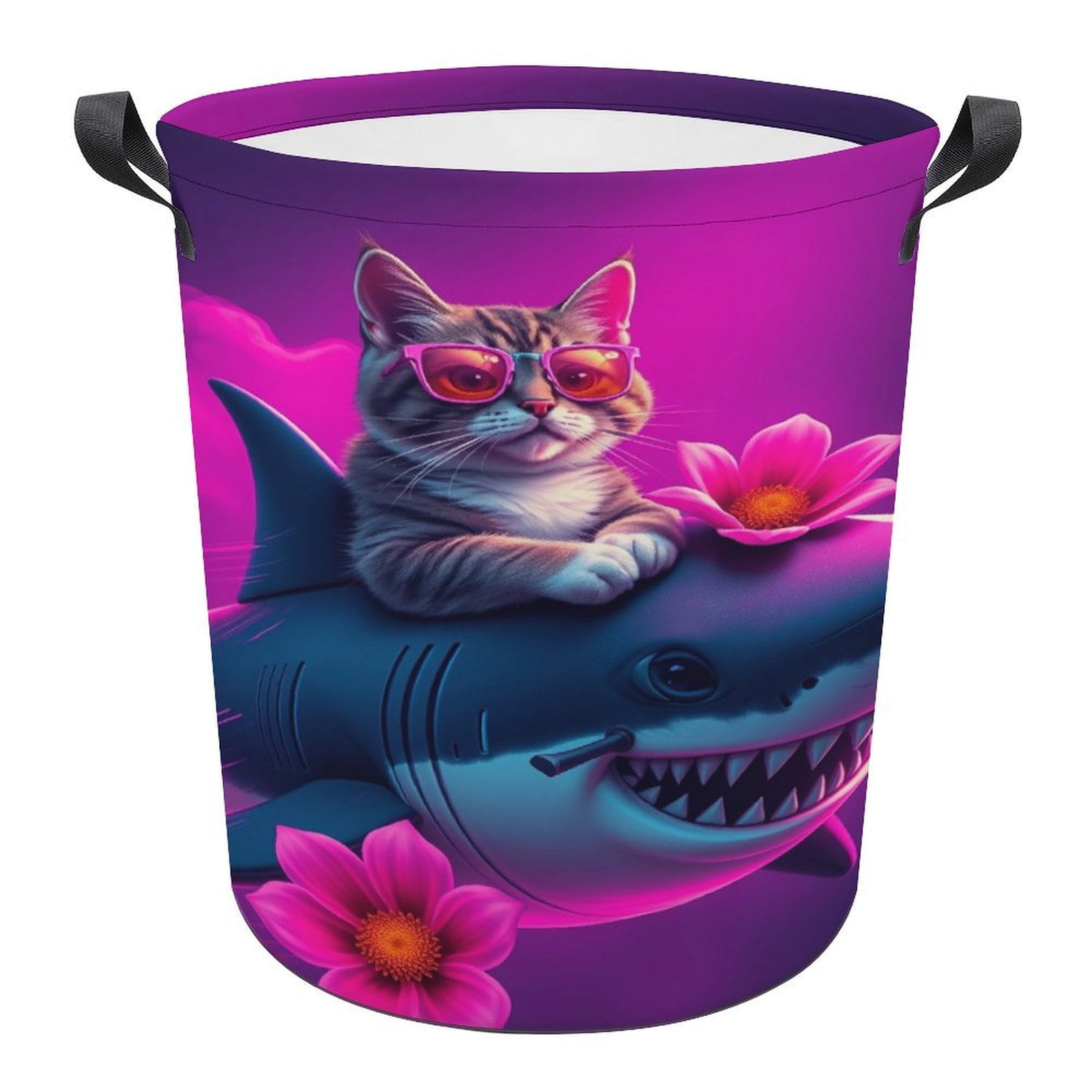 Funny Cat Riding Shark Cool Laundry Basket Foldable Physical Culture ...