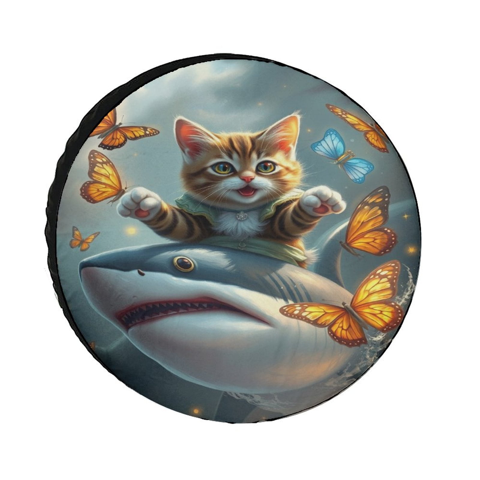 Funny Cat Riding Shark Cool Spare Tire Cover Universal Waterproof Dust ...