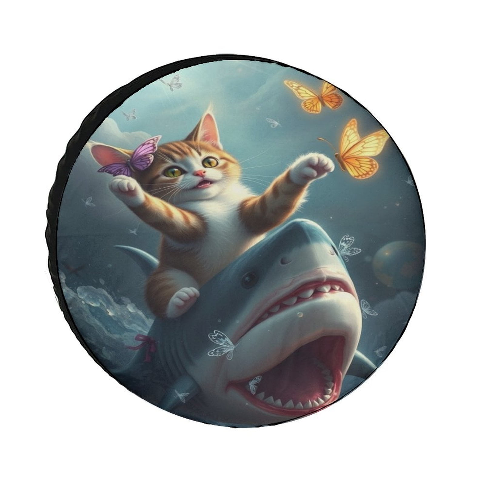 Funny Cat Riding Shark Cool Spare Tire Cover Weatherproof Wheel Camper ...