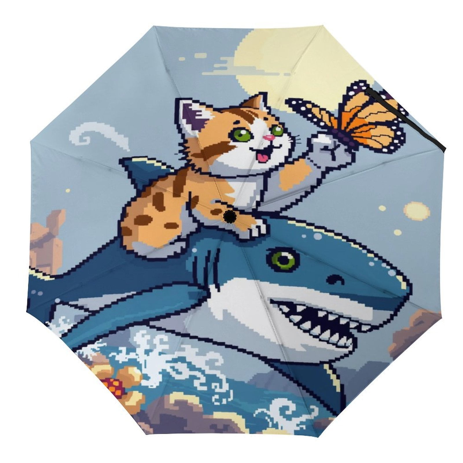 Funny Cat Riding Shark Cool Umbrella with UV Protection Casual Lightweight Portable 8ribs ...