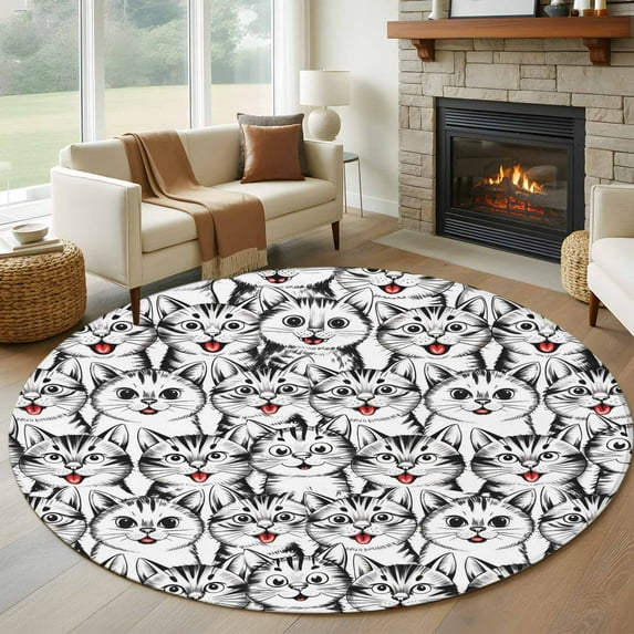 Funny Cat Round Rug 6ft Washable Circle Kitchen Rugs Non Slip Abstract Cartoon Cute Animals ...