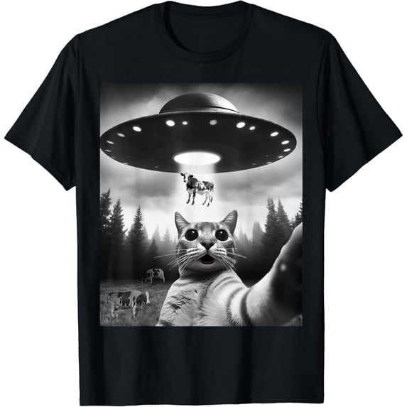 Funny Cat Selfie Flying Alien UFO Abducting Cow Cryptid T-Shirt ...