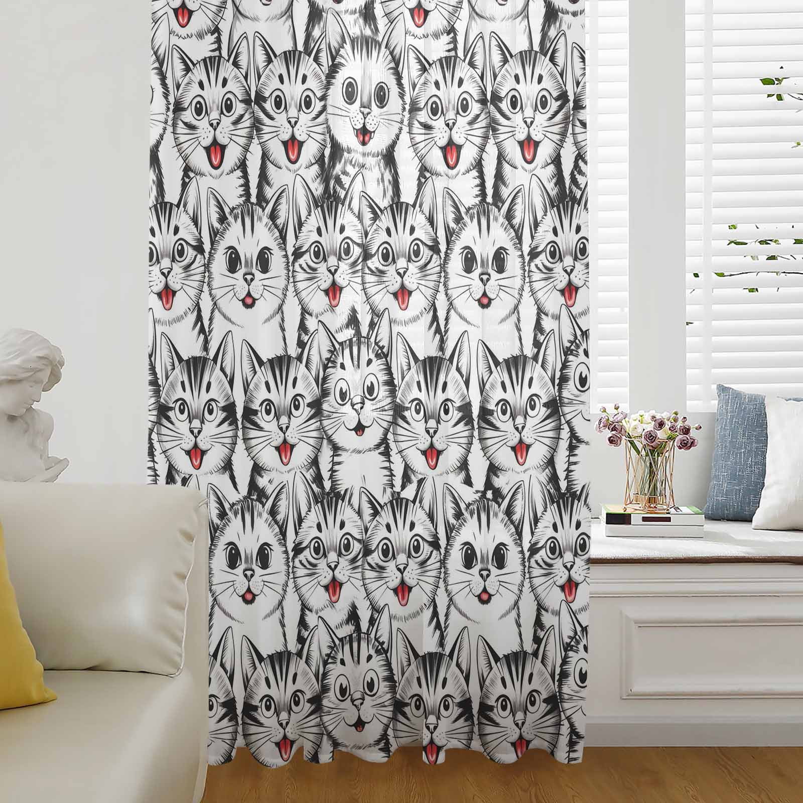 Funny Cat Semi Sheer Curtains Drapes for Living Room, Bedroom, French ...