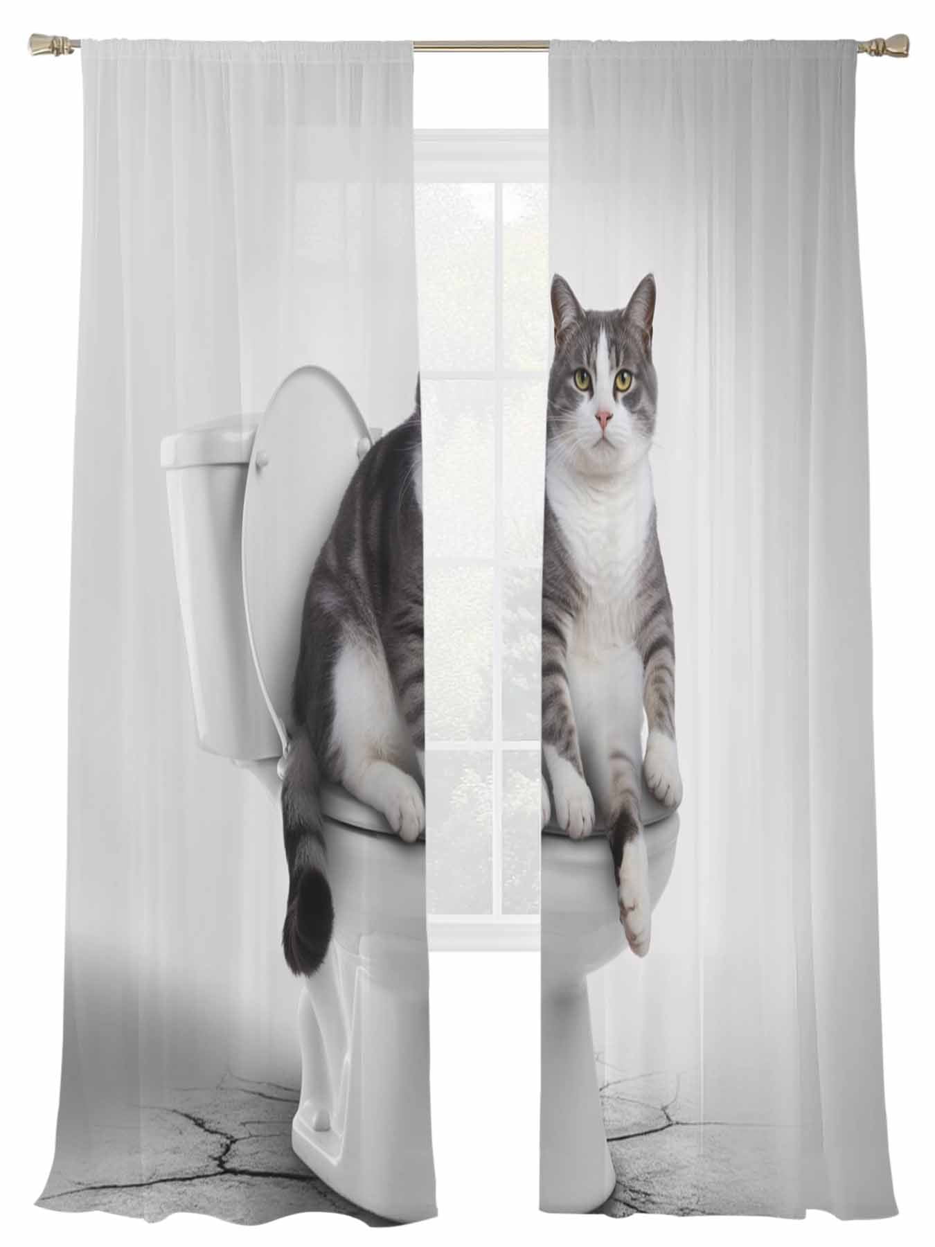 Funny Cat Sheer Curtains 108 Inch Long 2 Panels, Black White Animal Cat ...