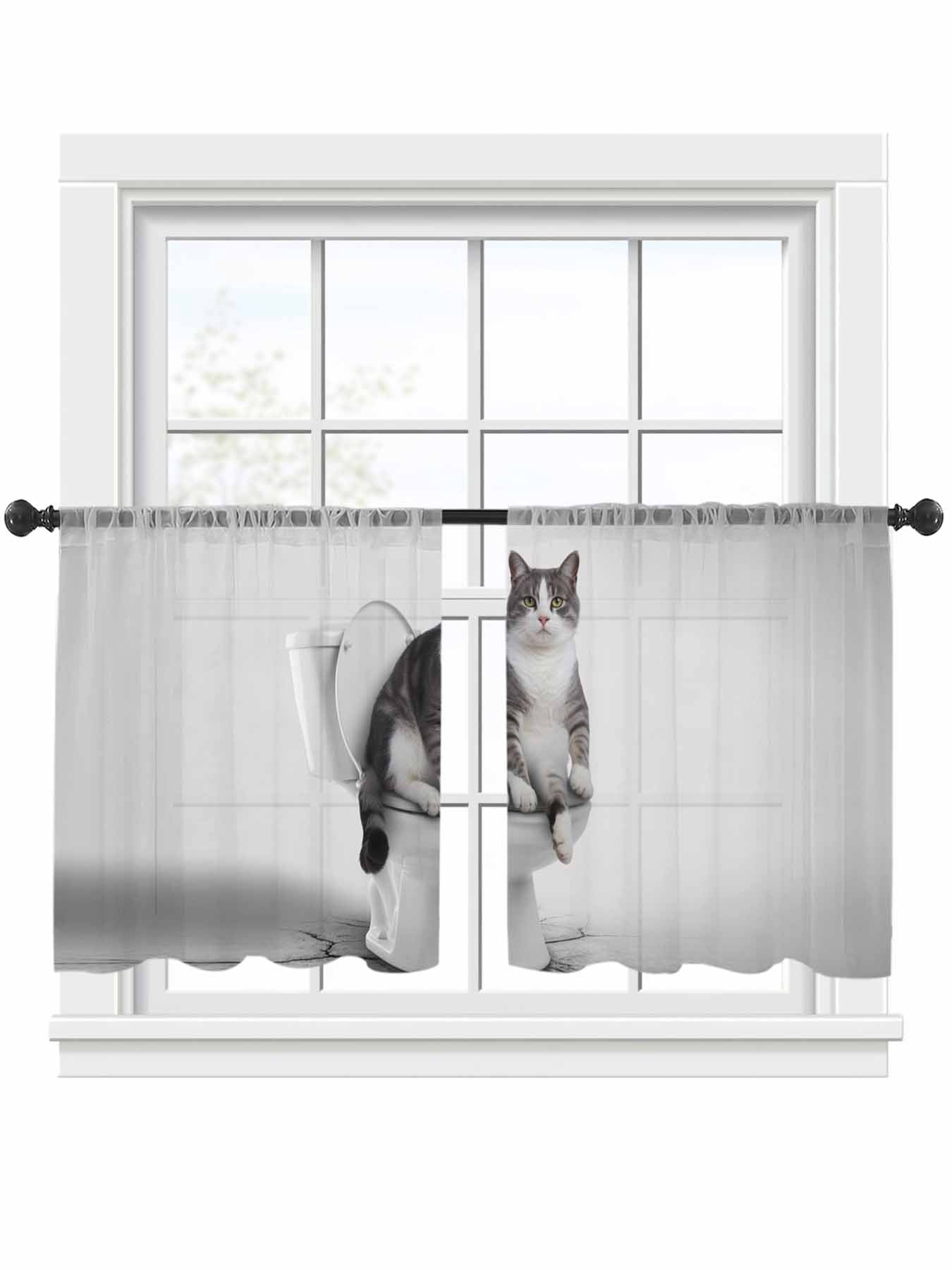 Funny Cat Sheer Curtains 54 Inch Long 2 Panels, Black White Animal Cat ...