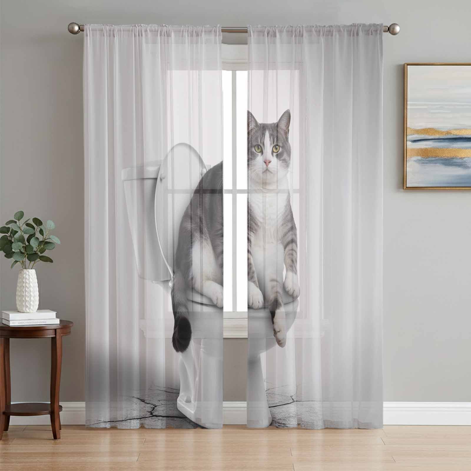 Funny Cat Sheer Curtains 84 Inch Length 2 Panels Set, Modern Abstract ...