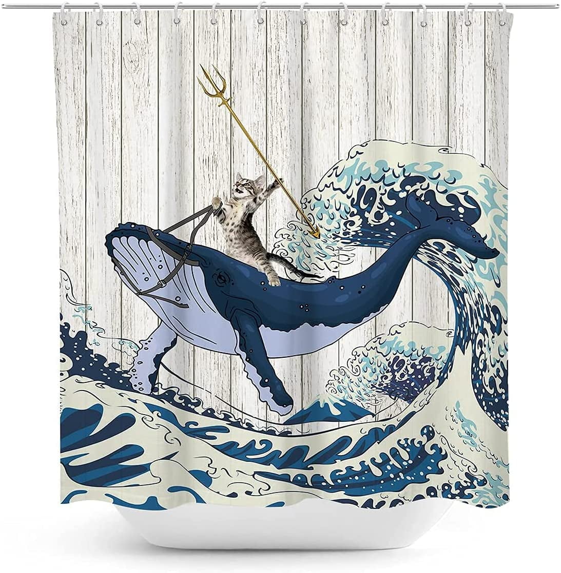 Funny Cat Shower Curtain 72x72 inch Cute Animal Riding Whale Ocean Wave ...