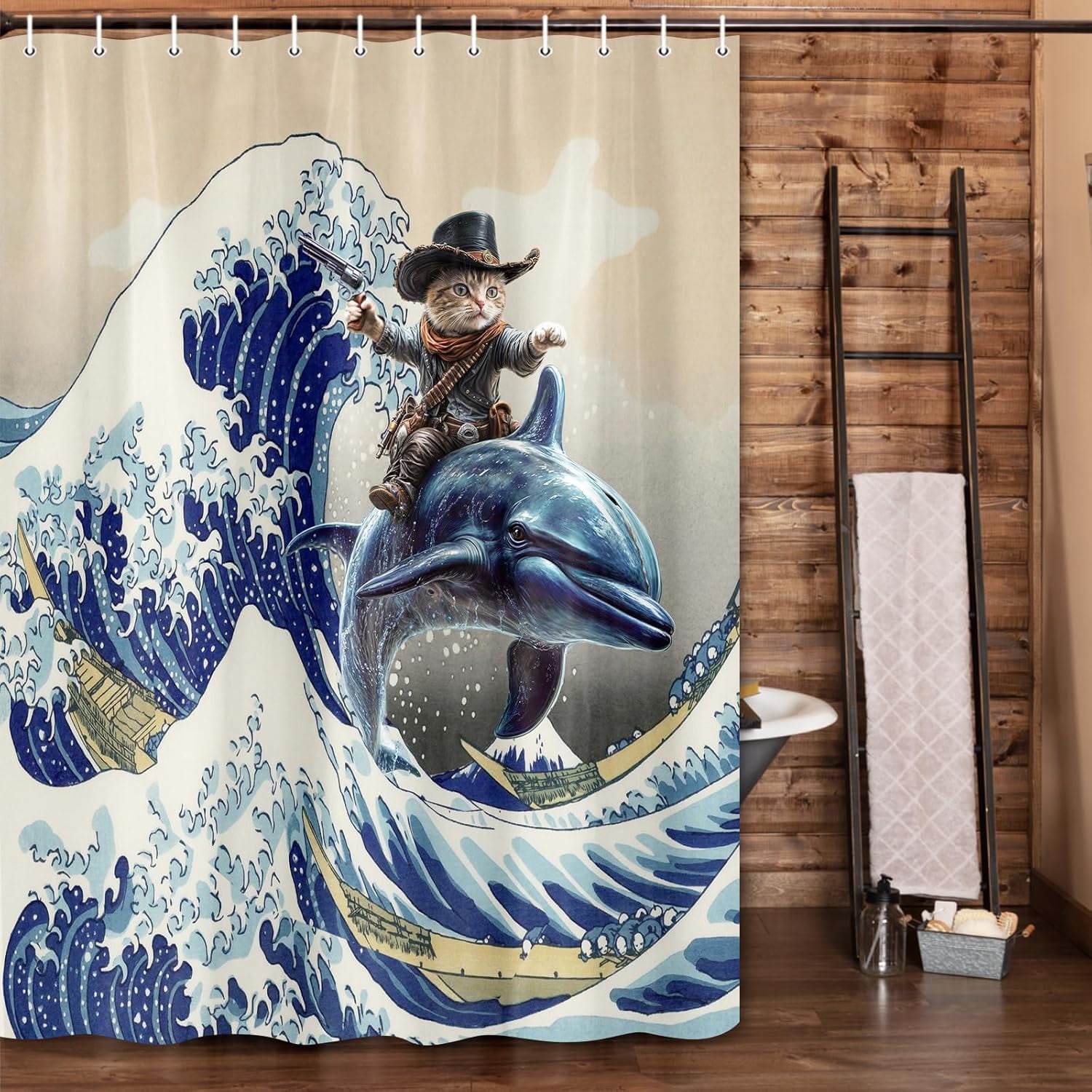 Funny Cat Shower Curtain with Cool Cowboy Cat Riding Dolphin on ...